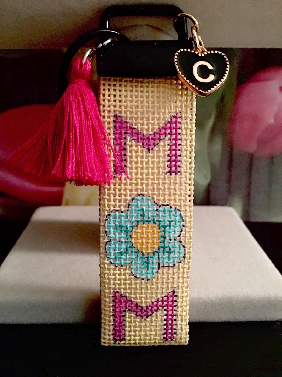 Mom Key Fob Hand Painted Needlepoint Canvas, Personalized, Black or ...