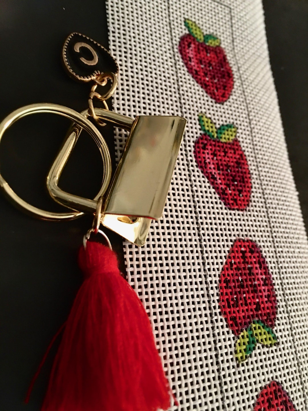 Strawberry Key Fob Hand Painted Needlepoint Canvas, Personalized, Black ...