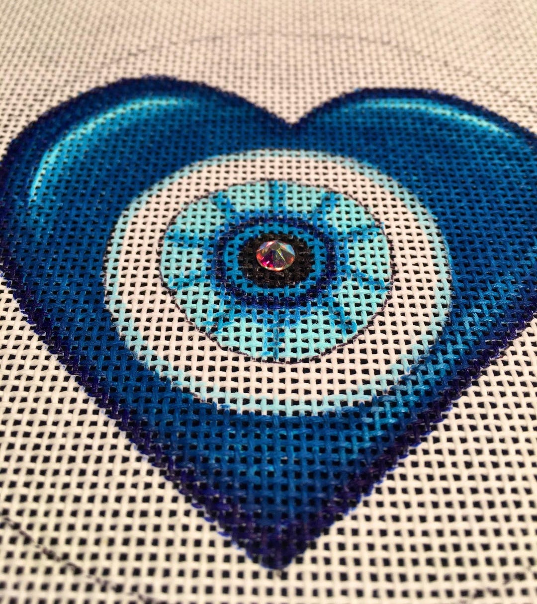 Evil Eye Heart Hand Painted Needlepoint Canvas, Swarovski Eye Sparkle ...