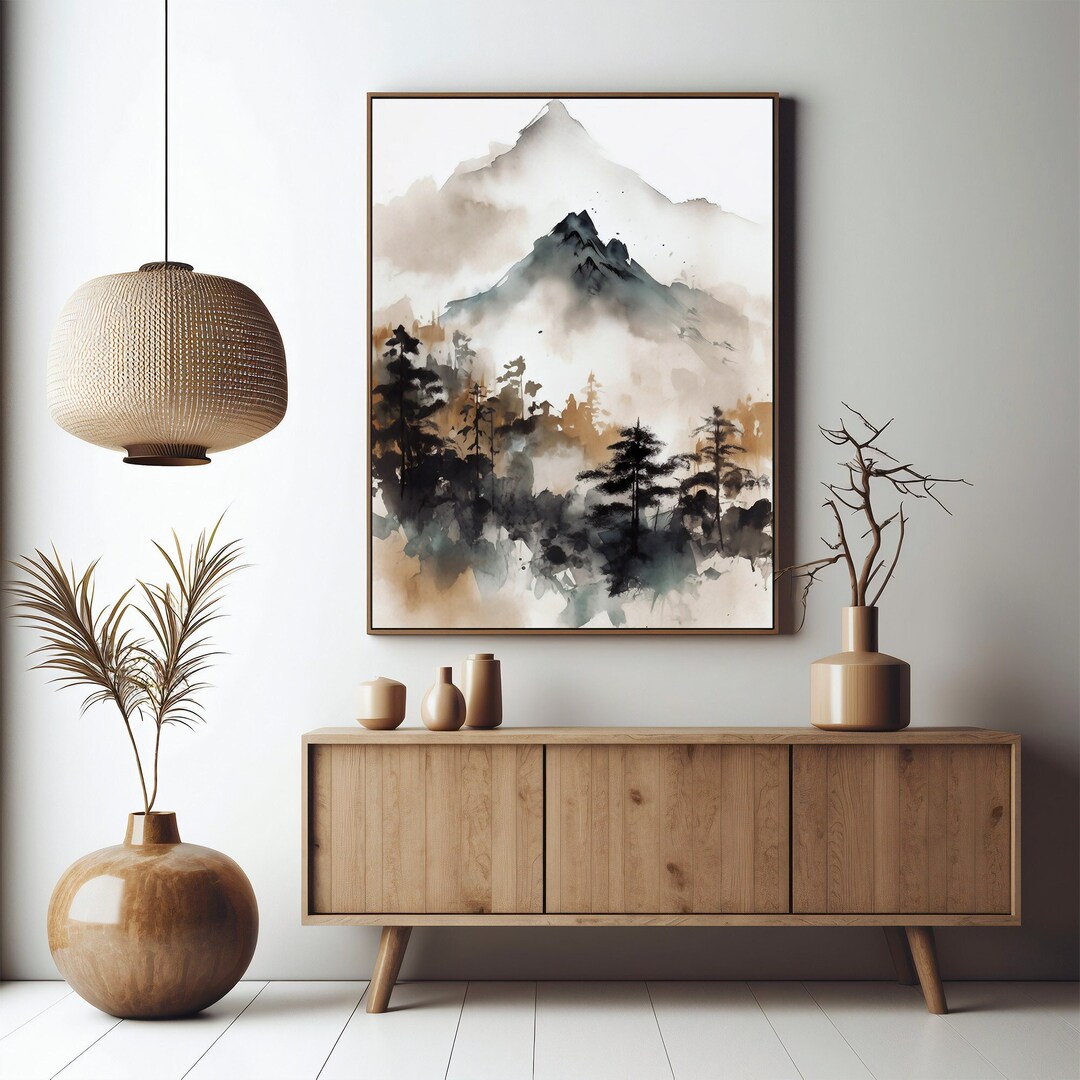 Watercolor Japanese Wall Art Decor Print, Beige Japandi Mountain ...