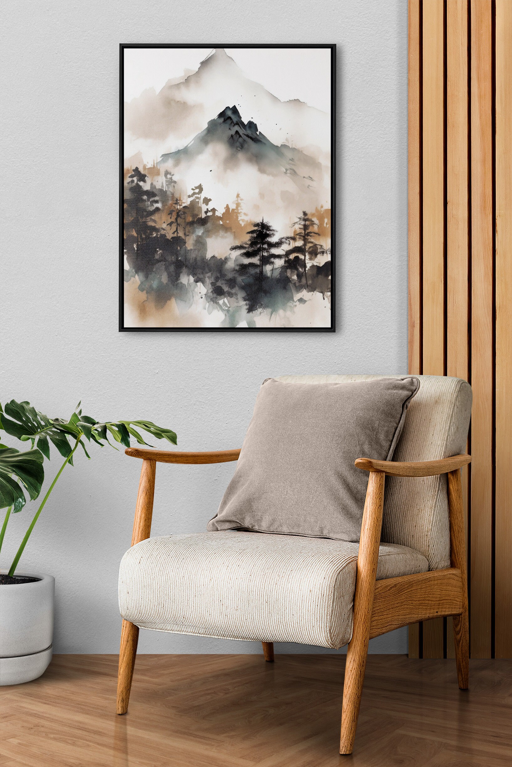 Watercolor Japanese Wall Art Decor Print, Beige Japandi Mountain ...