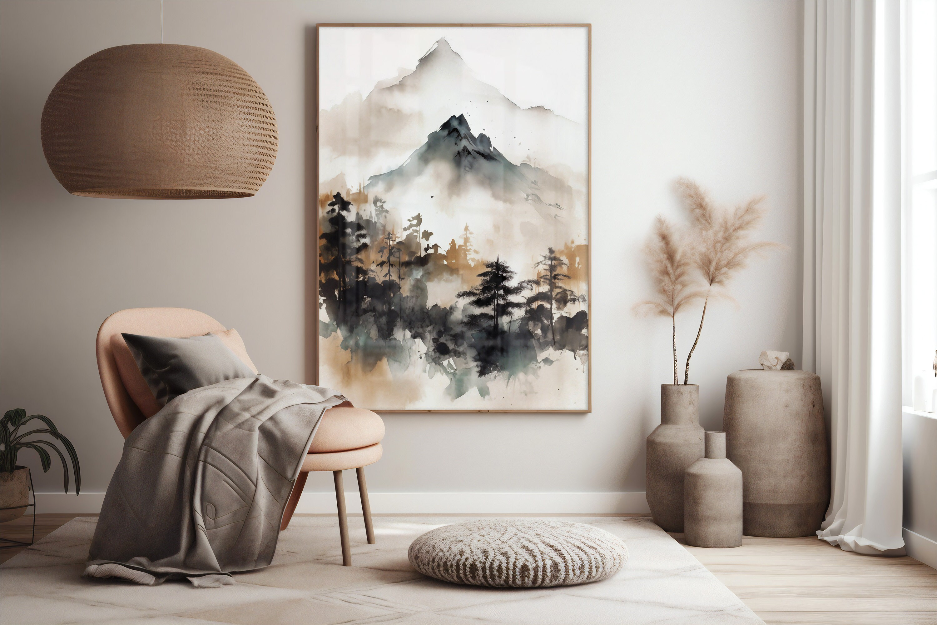 Watercolor Japanese Wall Art Decor Print, Beige Japandi Mountain ...
