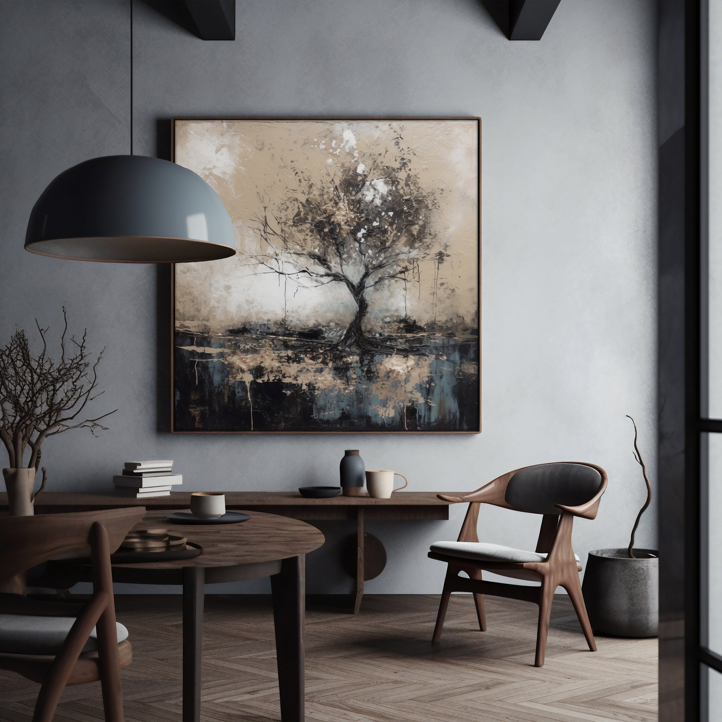 Japandi Landscape Wall Art, Japanese Sepia Blue Digital Download Print ...