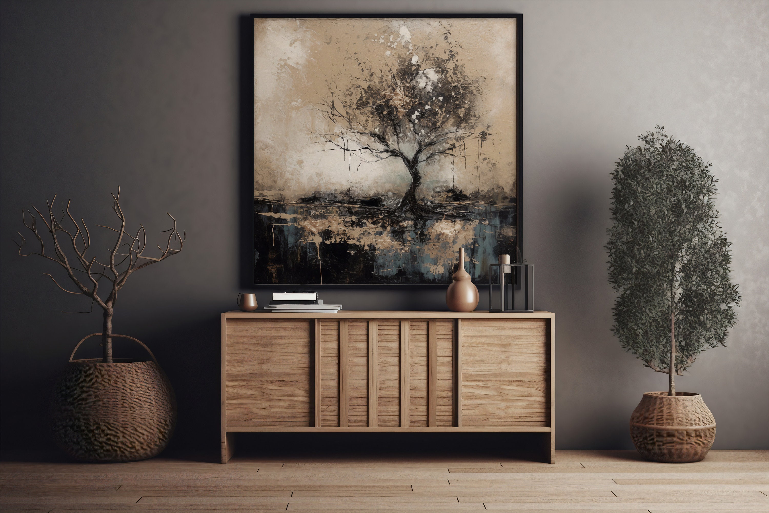 Japandi Landscape Wall Art, Japanese Sepia Blue Digital Download Print ...