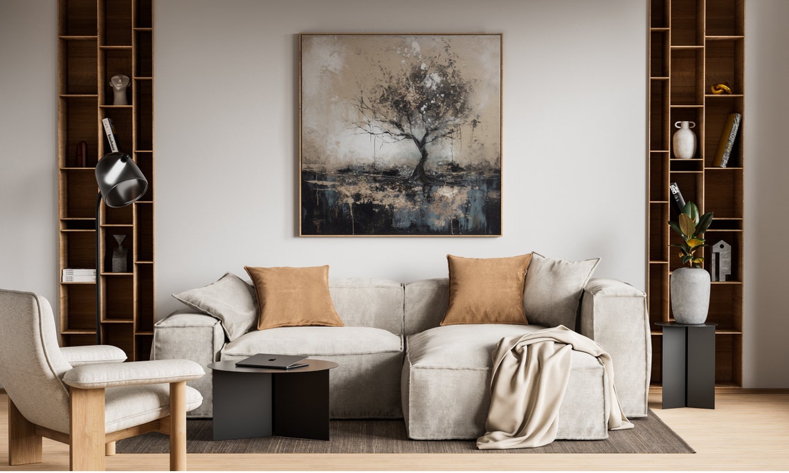 Japandi Landscape Wall Art, Japanese Sepia Blue Digital Download Print ...
