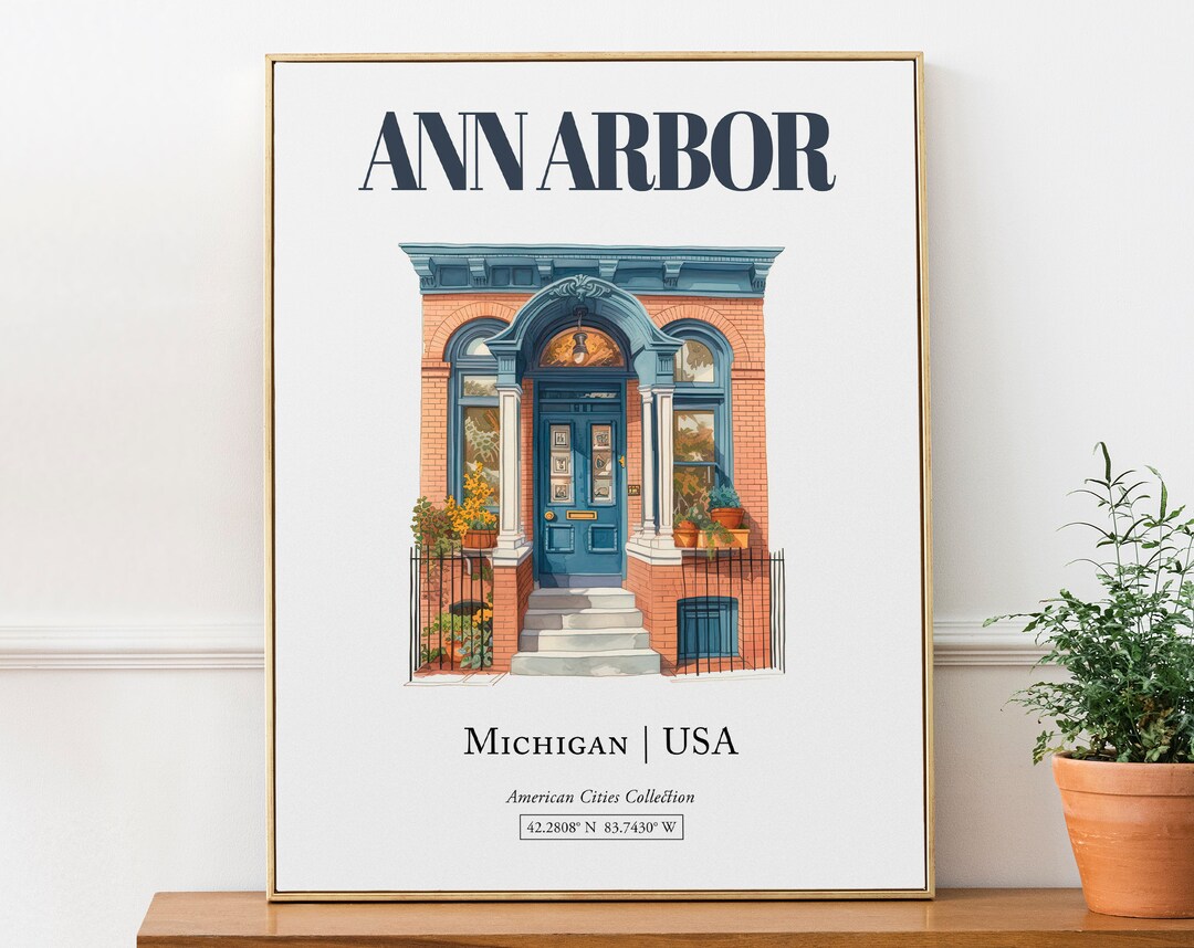 Ann Arbor, Michigan, USA, Aesthetic Minimalistic Watercolor Traditional ...