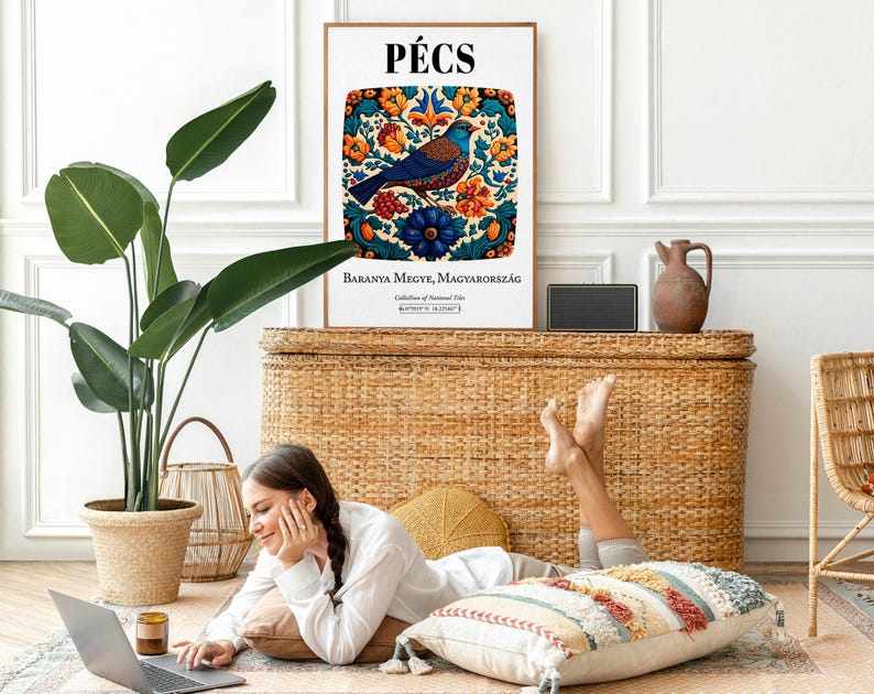 Pécs Hungary Art Print: Traditional Bird and Flower Tile Pattern - Etsy