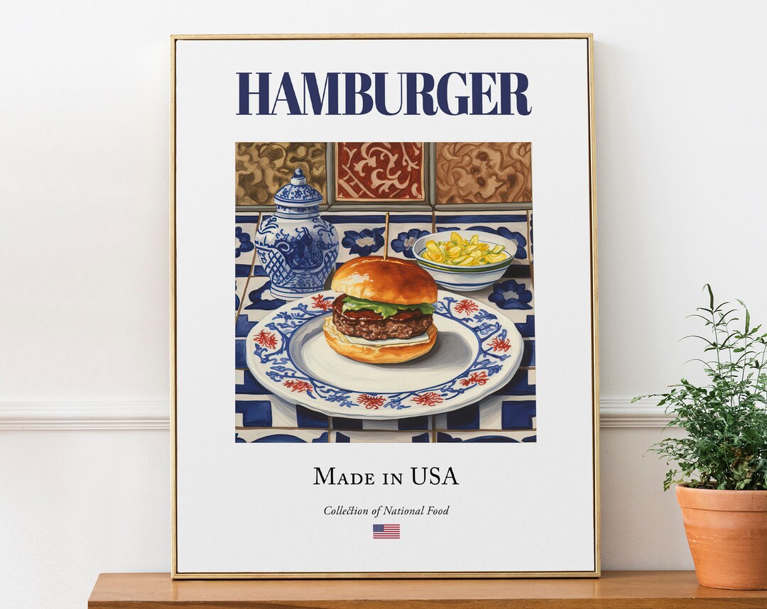 Hamburger on Maiolica Tile Plate, Traditional American Food Wall Decor ...