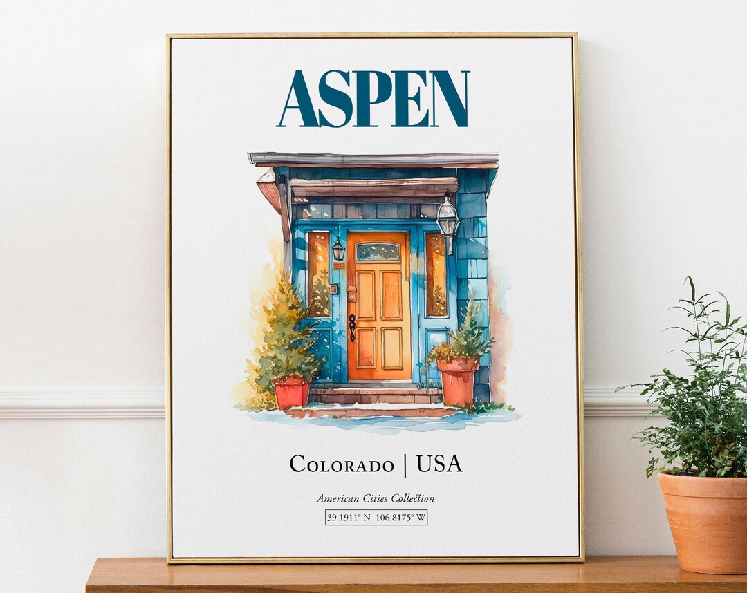 Aspen, Colorado, USA, Aesthetic Minimalistic Watercolor Entrance Door ...