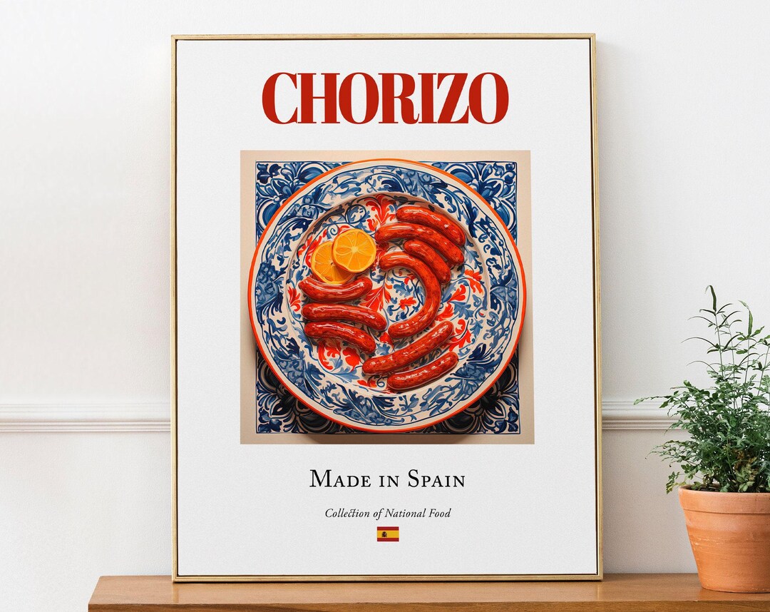 Chorizo on Maiolica Tile Plate, Traditional Spanish Food Wall Art Print ...