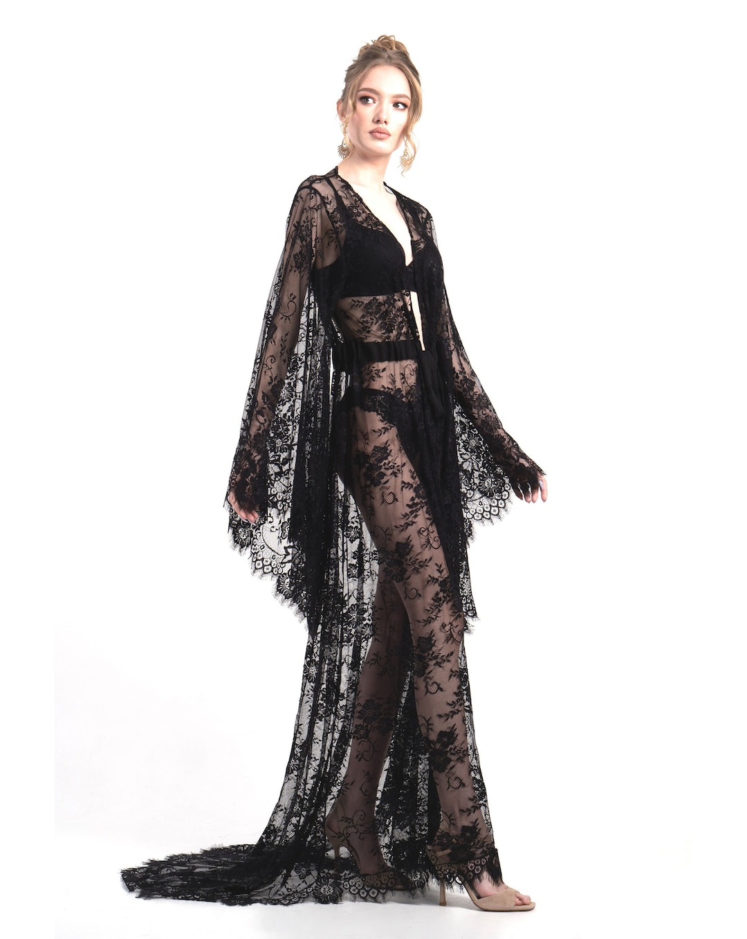 Lace Robe, Lace Robe Long, Black Lace Robe, Long Robe With Train. Robe ...