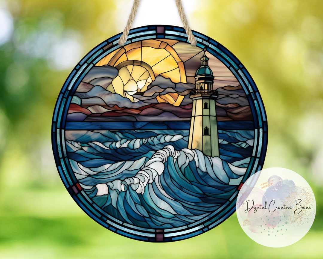 Lighthouse Stained Glass Sublimation Design, Round Suncatcher PNG ...