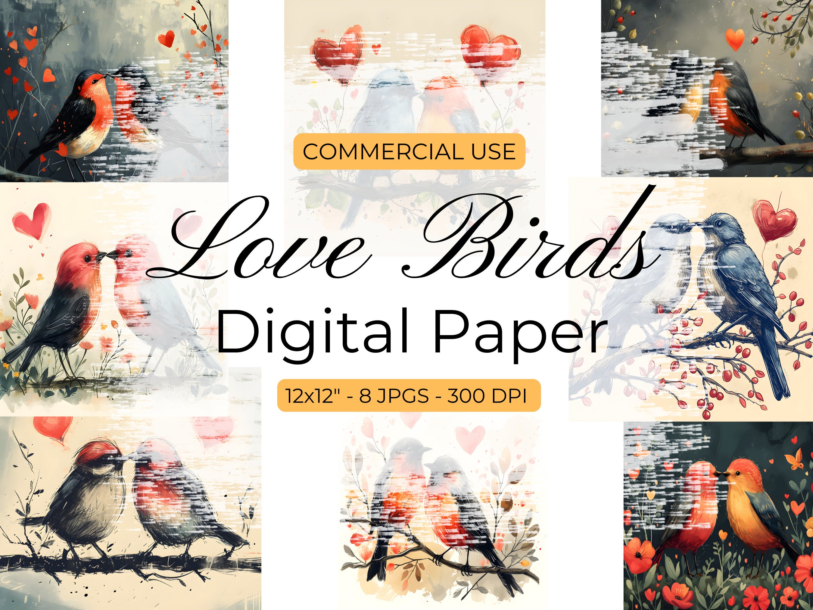 8 Love Birds Digital Backgrounds, Jpegs, Commercial Use, Digital ...
