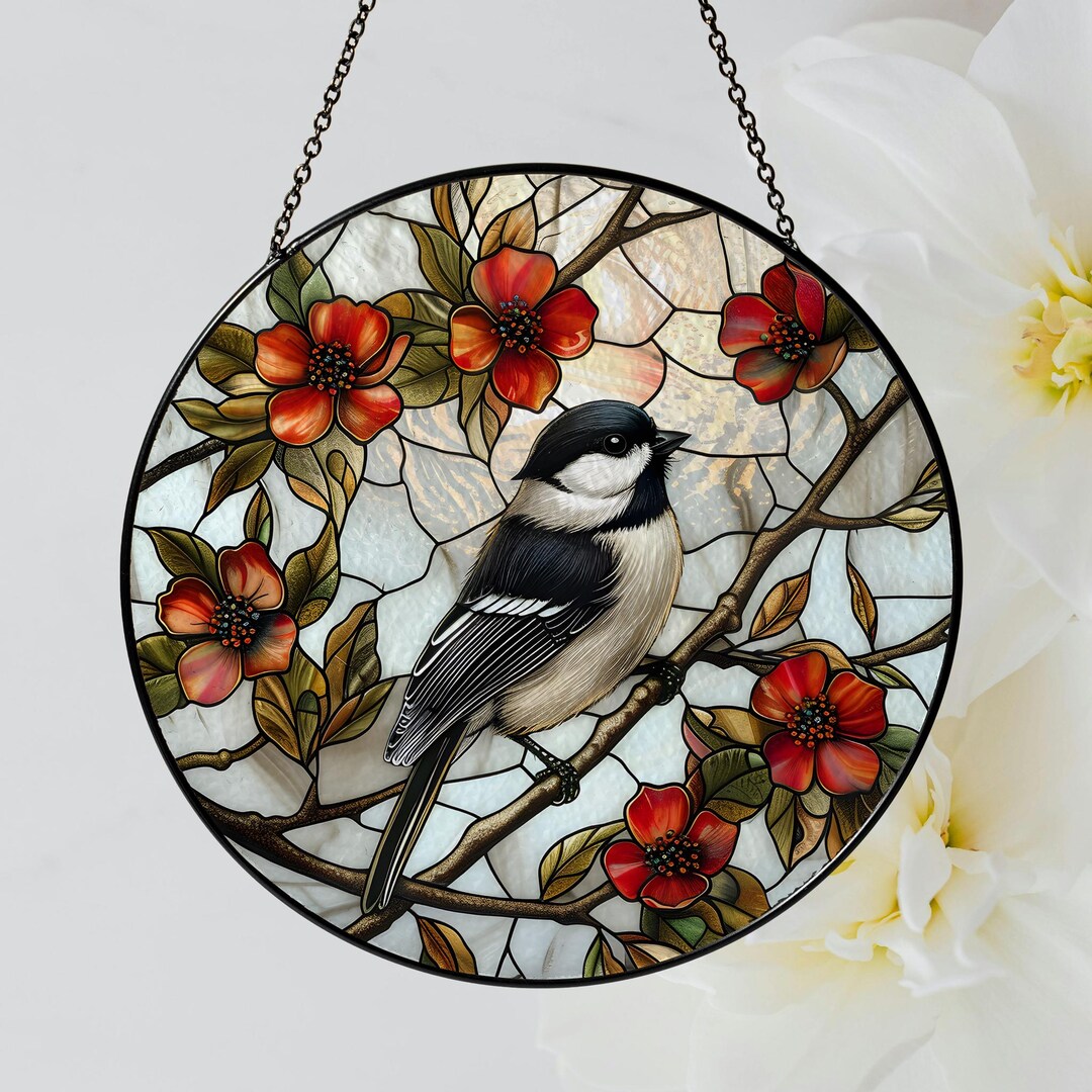 Chickadee Bird With Red Flowers Stained Glass Suncatcher, Glass ...
