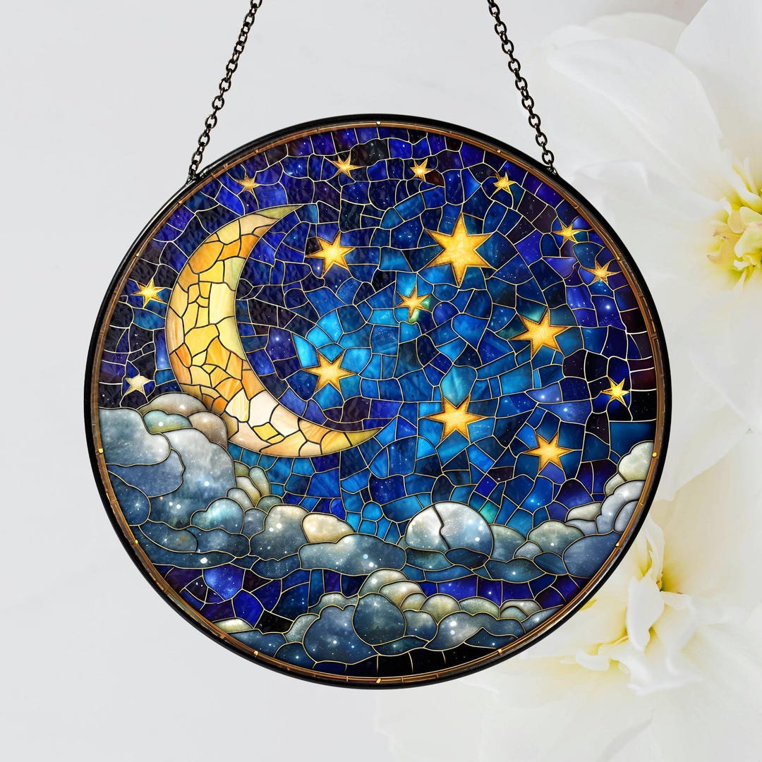 Celestial Moon and Star Stained Glass Suncatcher, Starry Night Window ...