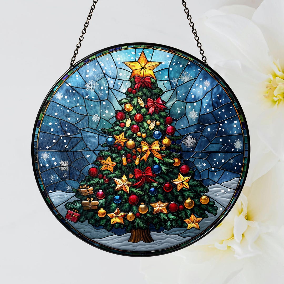 Christmas Tree Stained Glass Suncatcher, Holiday Tree Ornament ...