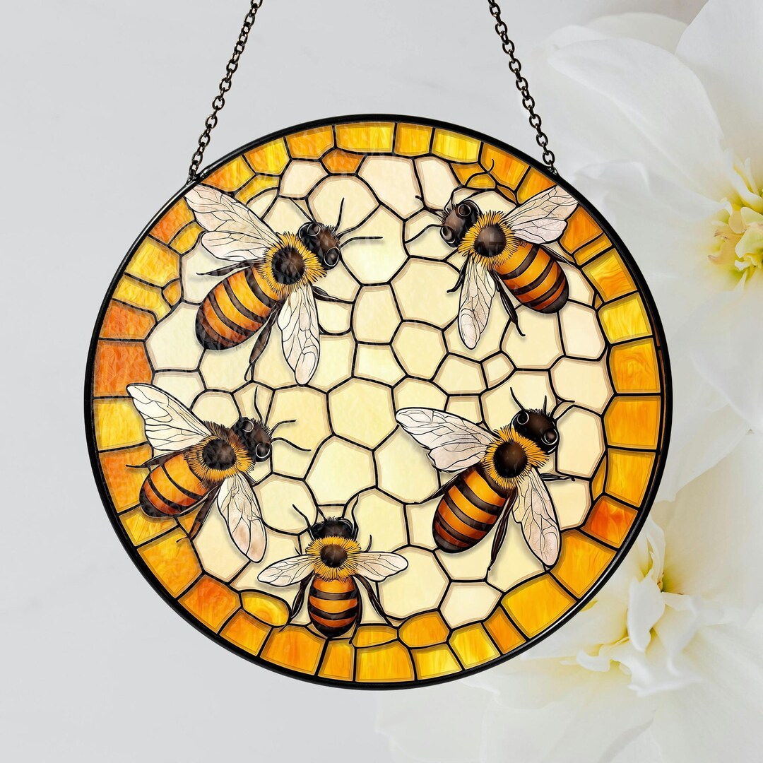 Honeybee Stained Glass Suncatcher, Honeycomb Beehive Suncatcher, Round ...