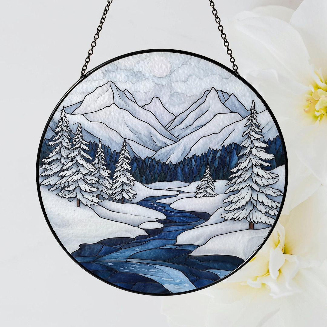 Winter Mountain Range Stained Glass Suncatcher, Hanging Decor Gift for ...