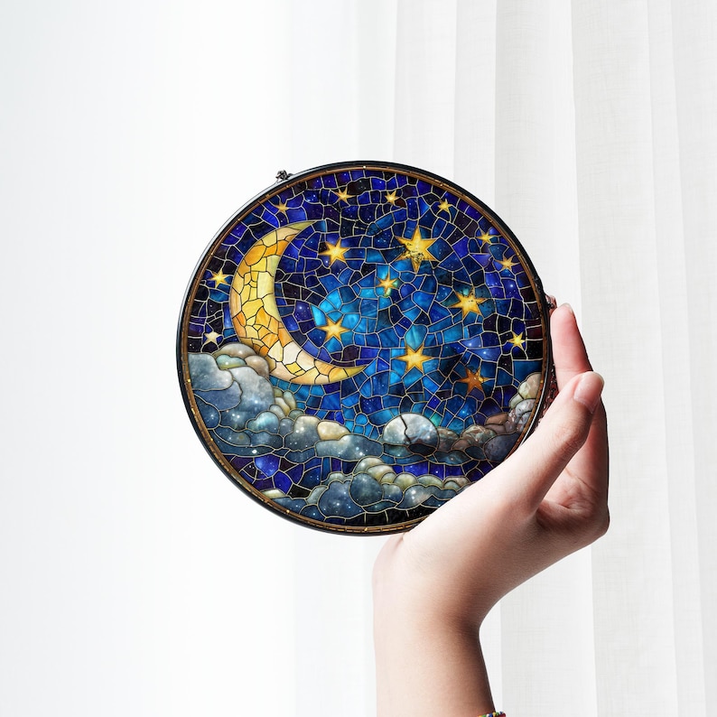 Celestial Moon and Star Stained Glass Suncatcher, Starry Night Window ...