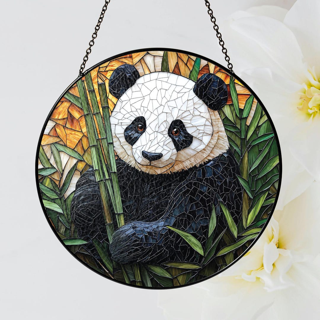 Panda Stained Glass Suncatcher, Handmade Panda Window Decor, Zen Bamboo ...