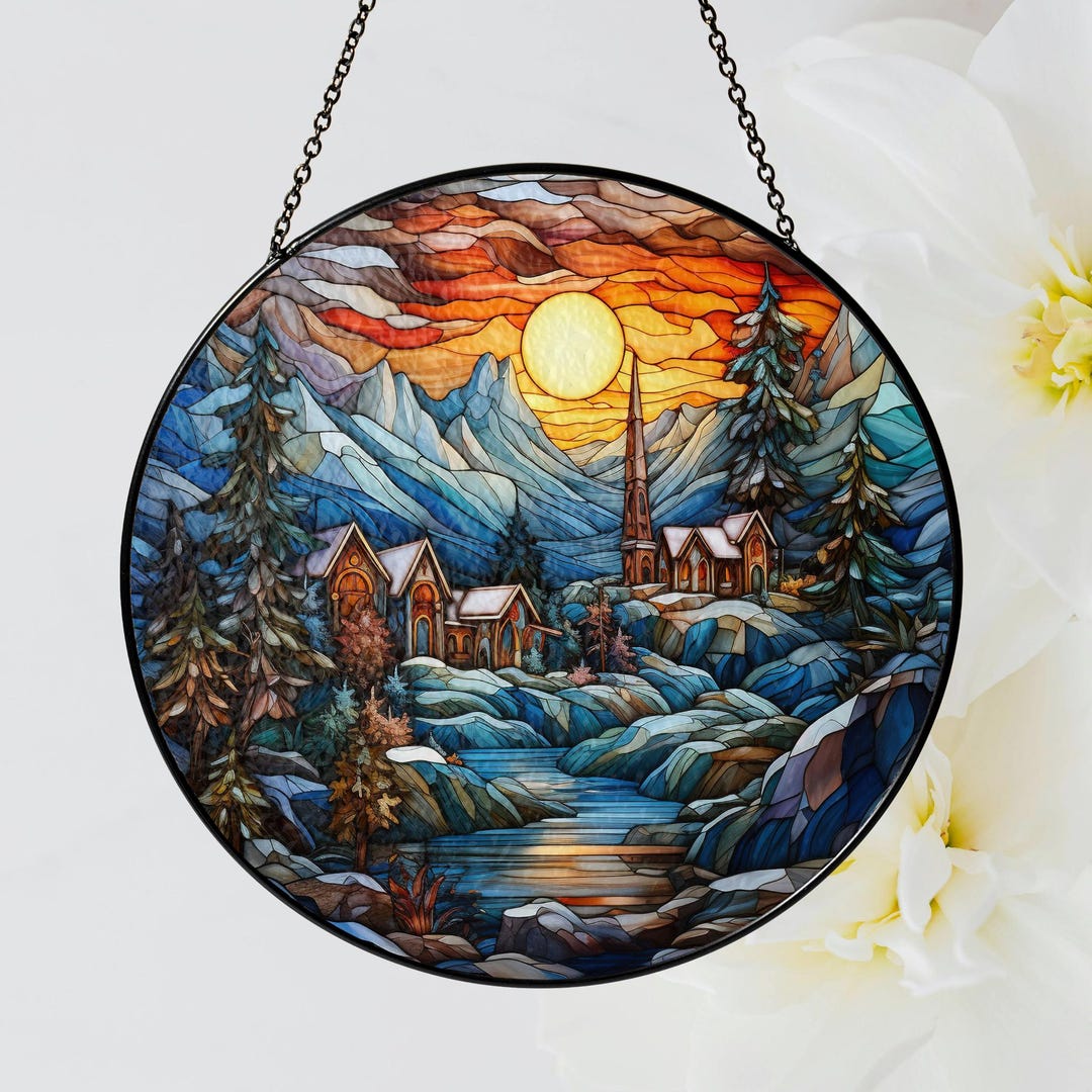 Mountain Range Winter Village Stained Glass Suncatcher, Holiday Window ...
