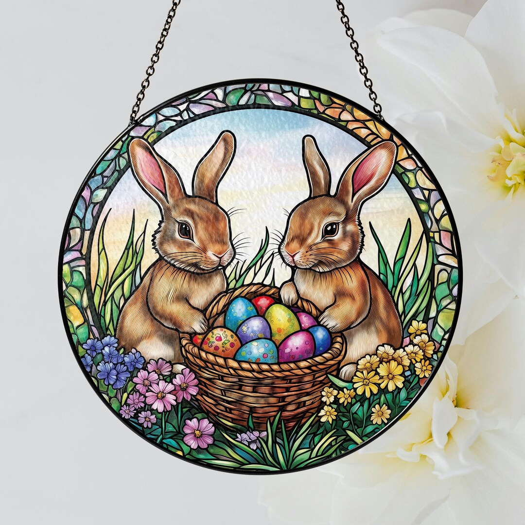 Easter Bunny Stained Glass Suncatcher, Two Bunnies With Easter Eggs ...