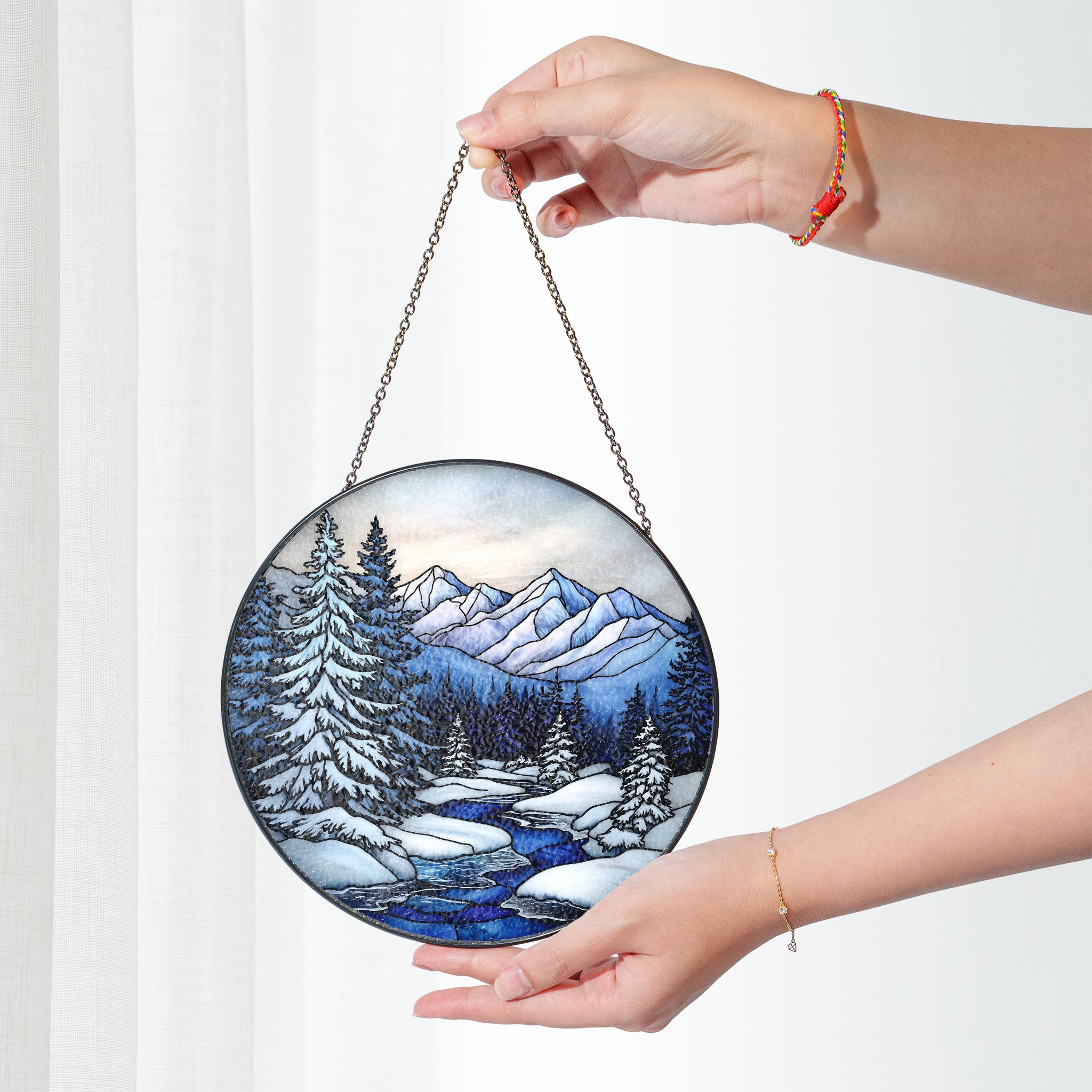 Winter Mountain Range Stained Glass Suncatcher, Winter Season Light ...