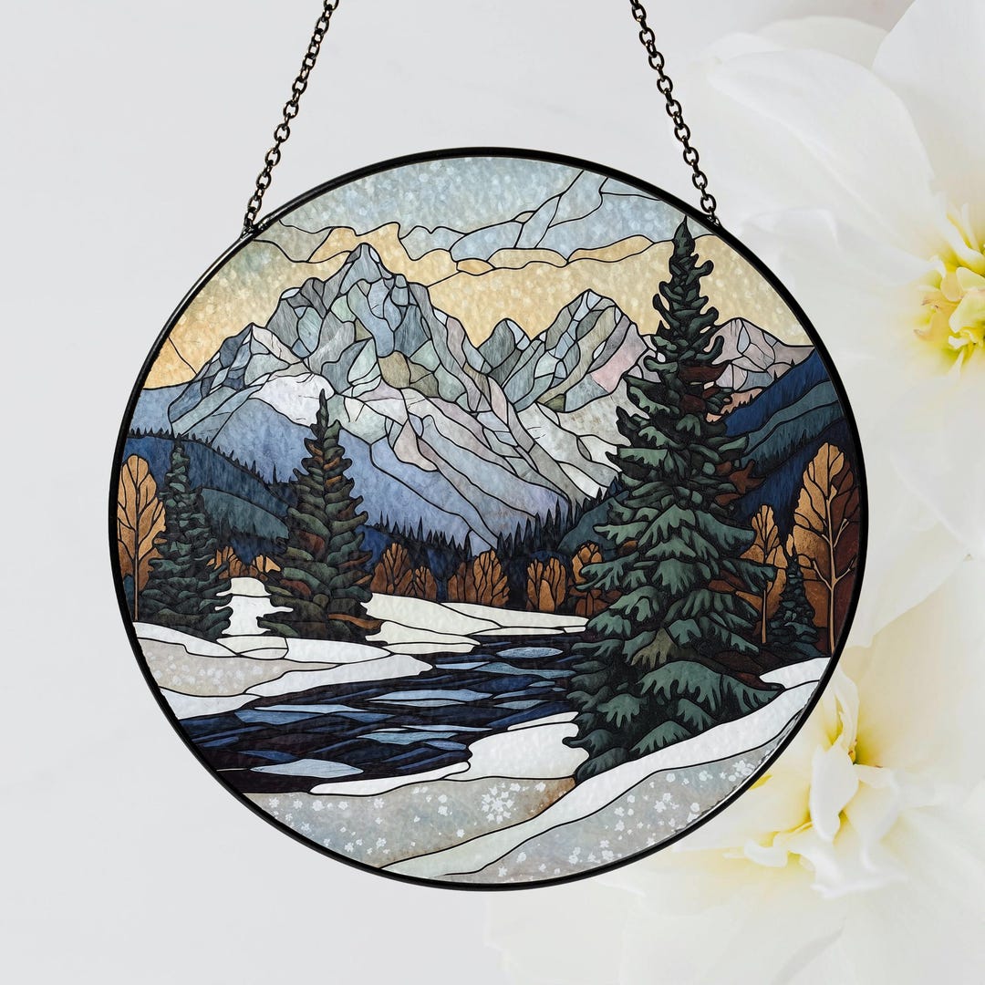 Winter Mountain Stained Glass Suncatcher, Snowy Landscape Ornament ...