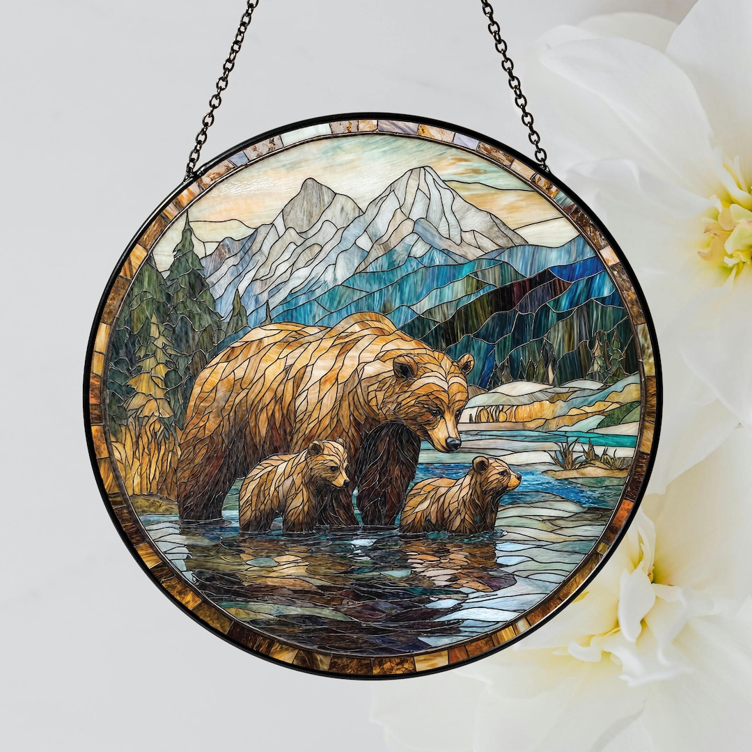 Grizzly Bear Stained Glass Suncatcher, Mama Bear With Two Cubs, Rustic ...