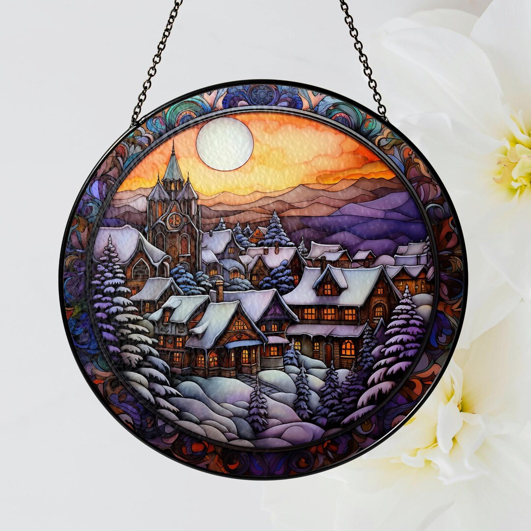 Snowy Winter Christmas Town Stained Glass Suncatcher, Holiday Window ...