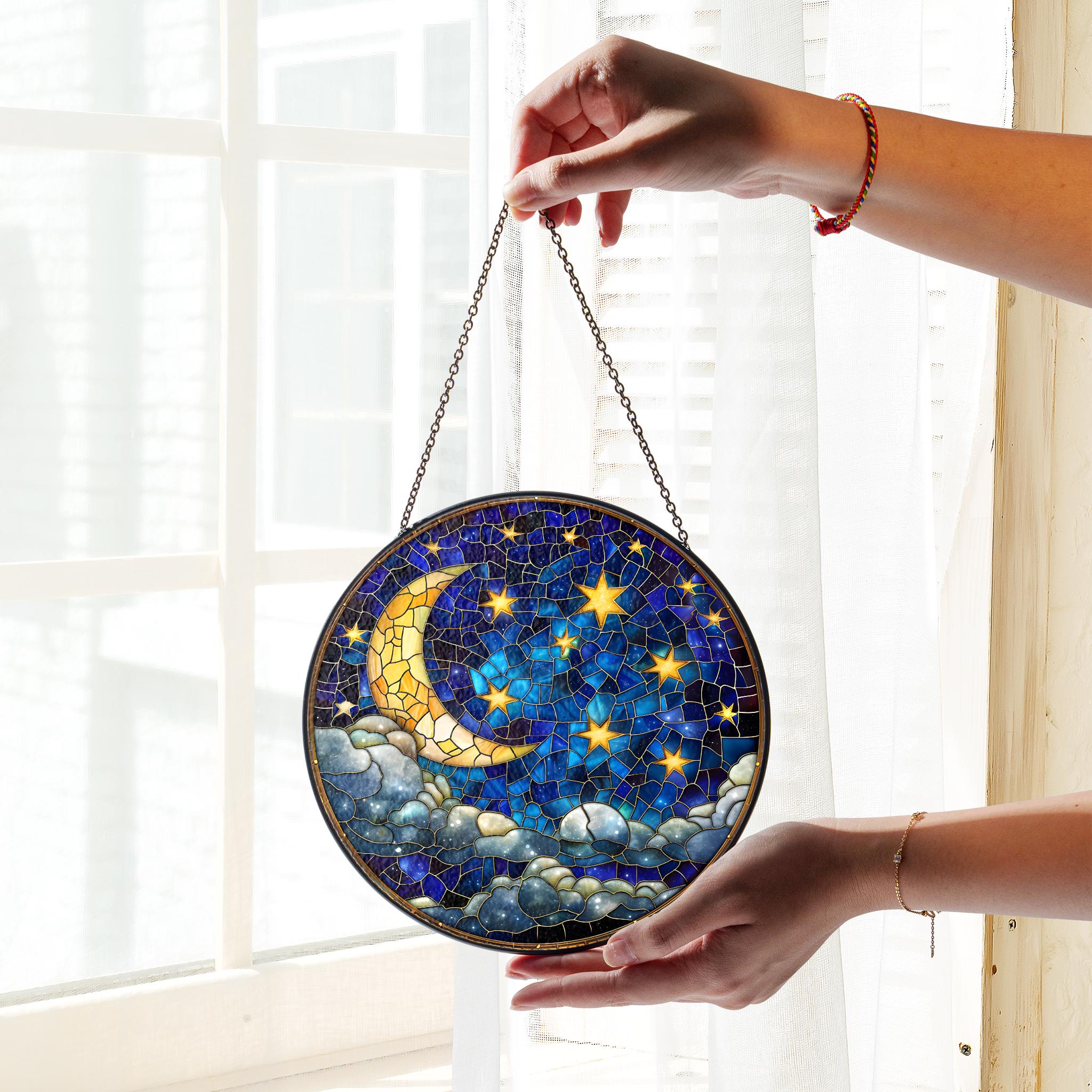 Celestial Moon and Star Stained Glass Suncatcher, Starry Night Window ...