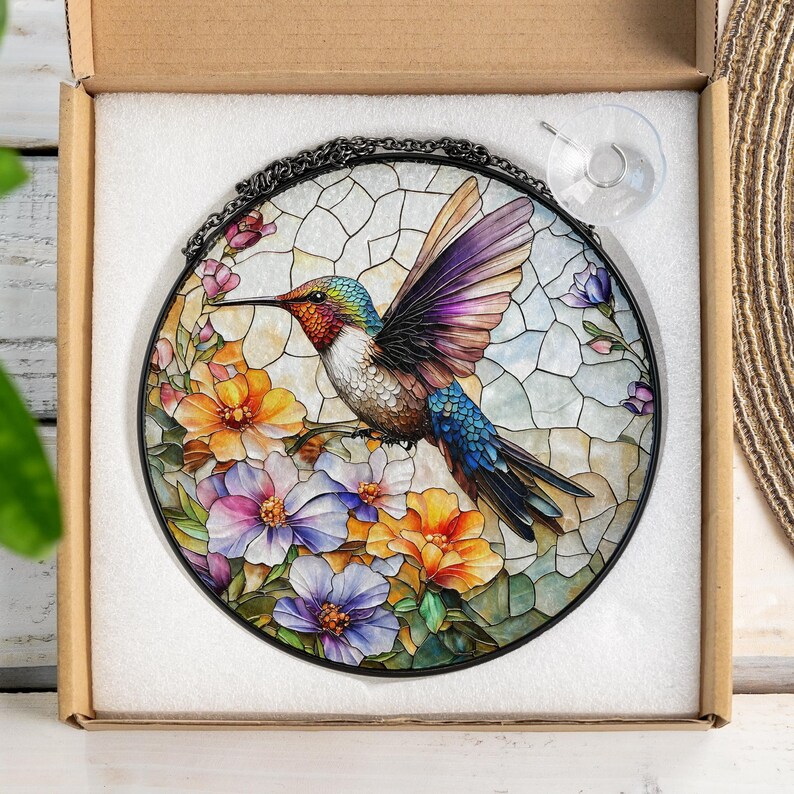 Hummingbird Stained Glass Suncatcher With Flowers, Handmade Floral ...