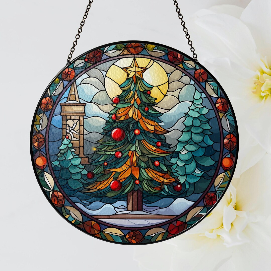 Christmas Tree Stained Glass Suncatcher, Holiday Tree Ornament ...
