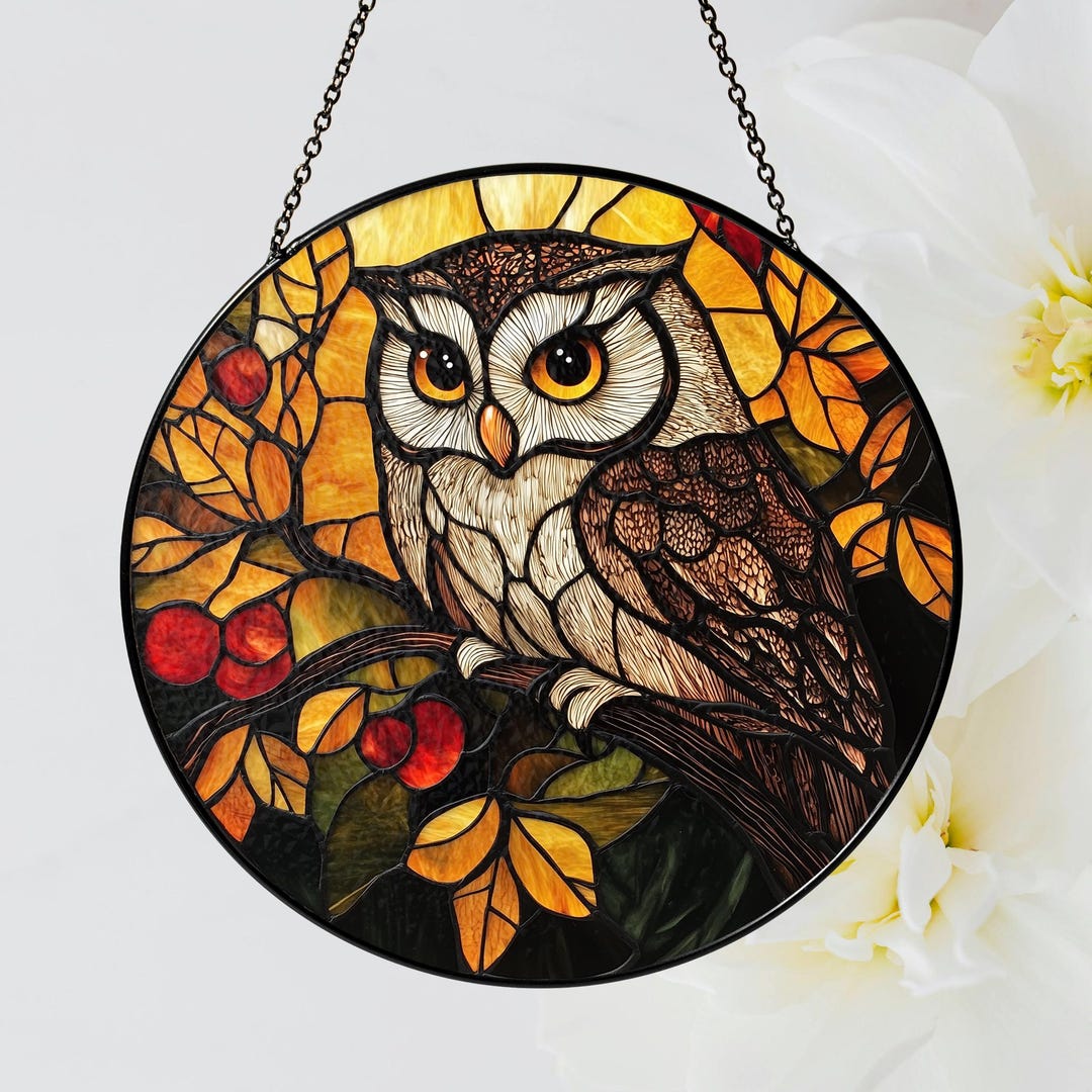 Stained Glass Owl Bird Suncatcher, Stained Glass Window Hanging Decor ...