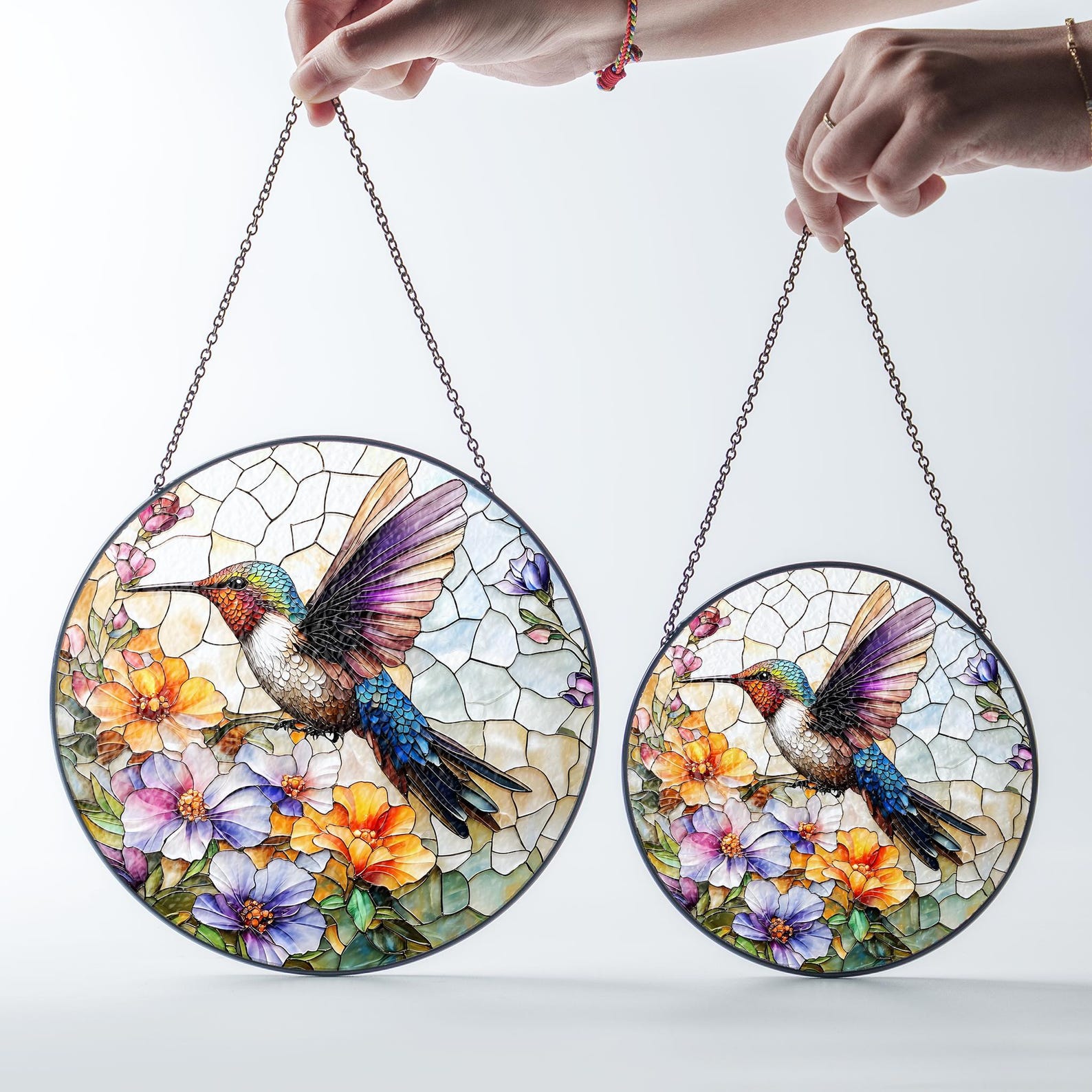 Hummingbird Stained Glass Suncatcher With Flowers, Handmade Floral ...