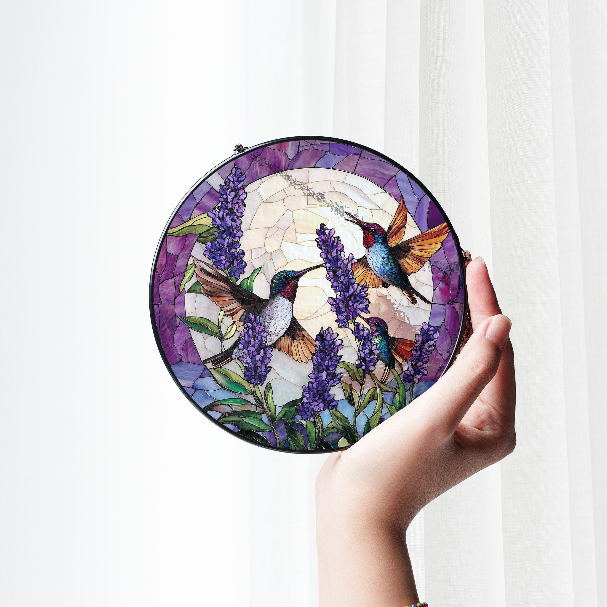 Hummingbirds and Lavender Flowers Stained Glass Suncatcher, Mothers Day ...