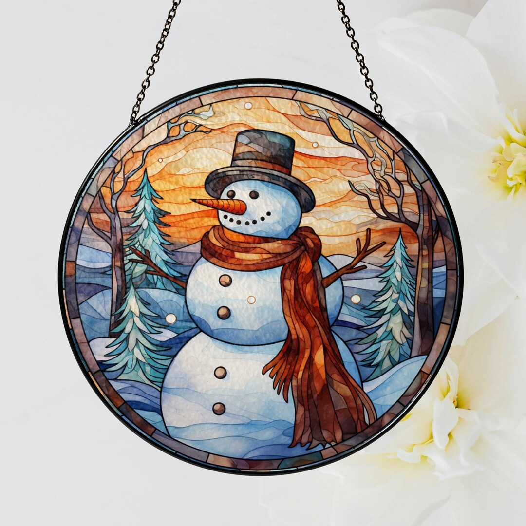 Christmas Snowman Stained Glass Suncatcher, Winter Window Hanging Decor ...