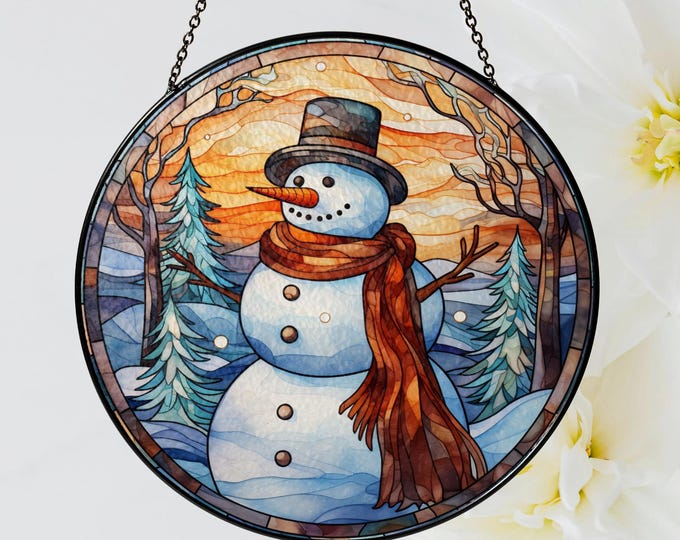 Fused Glass Snowman Suncatcher, Winter Window Decoration, Jolly Snowman ...