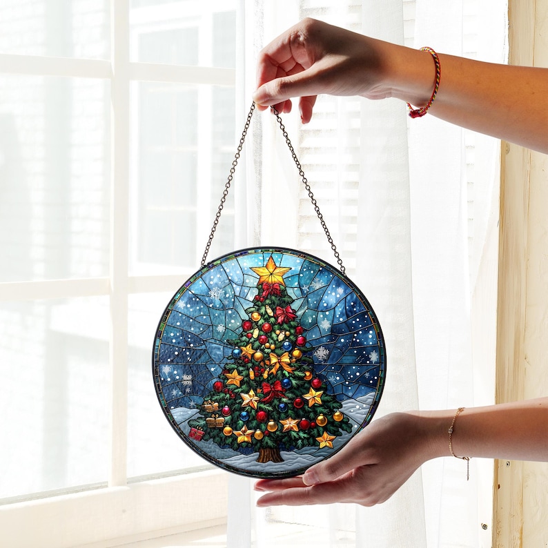 Christmas Tree Stained Glass Suncatcher, Holiday Tree Ornament ...