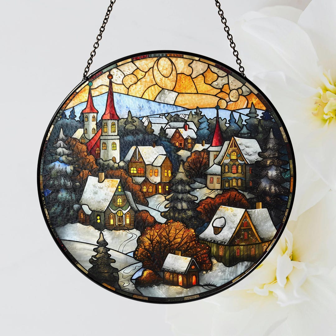 Snowy Christmas Village Stained Glass Suncatcher, Winter Village ...