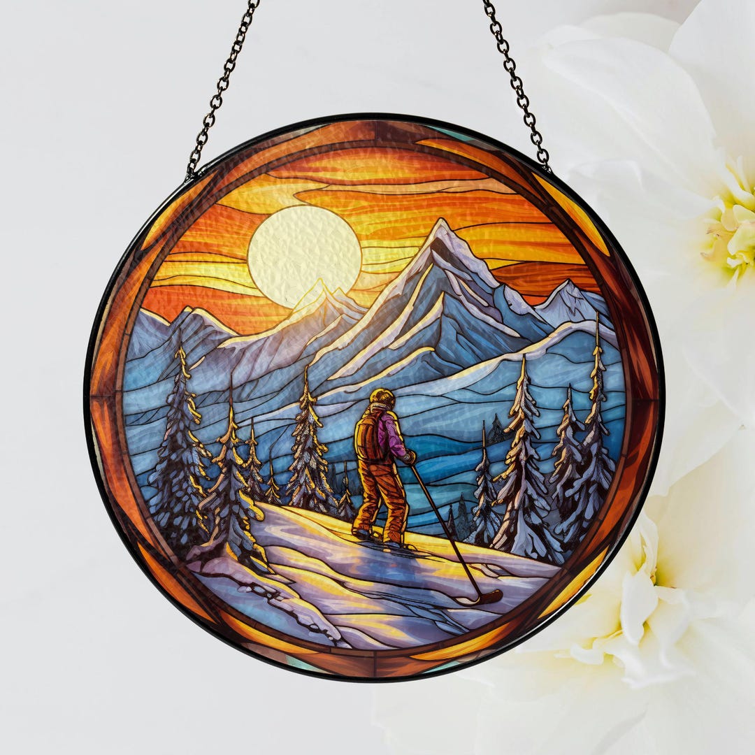 Winter Skier Stained Glass Suncatcher, Winter Stained Glass Window ...