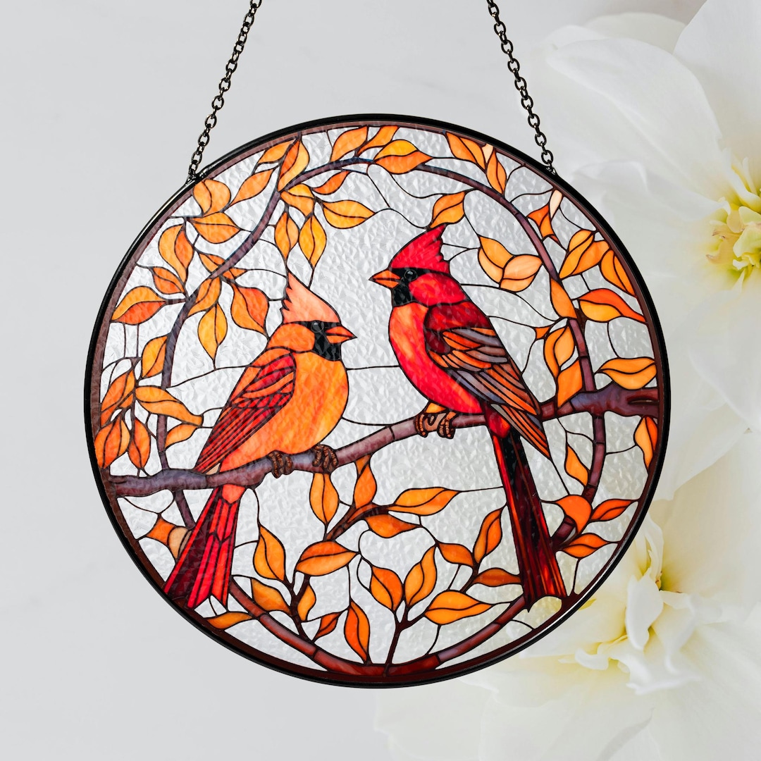 Red Cardinal Birds Stained Glass Suncatcher, Stained Glass Birds, Gift ...