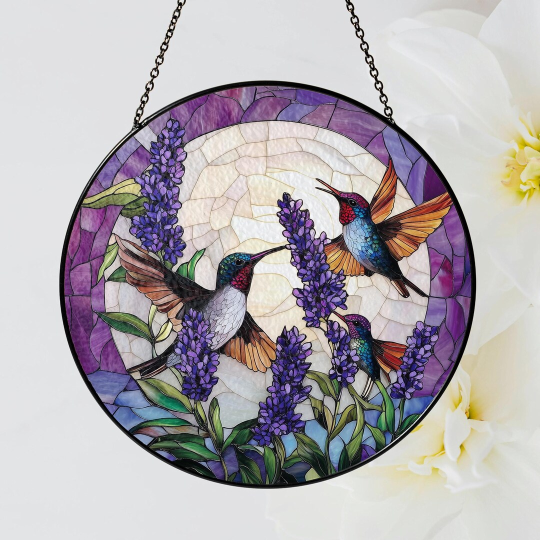 Hummingbirds and Lavender Flowers Stained Glass Suncatcher, Mothers Day ...