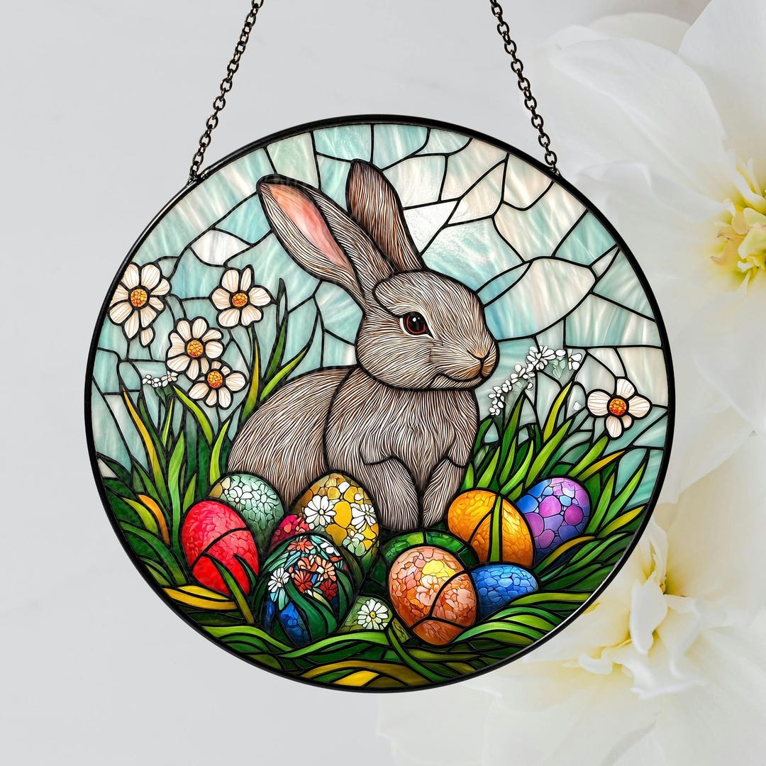 Easter Bunny Stained Glass Suncatcher, Bunny With Decorated Eggs and ...