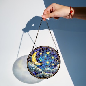 Celestial Moon and Star Stained Glass Suncatcher, Starry Night Window ...