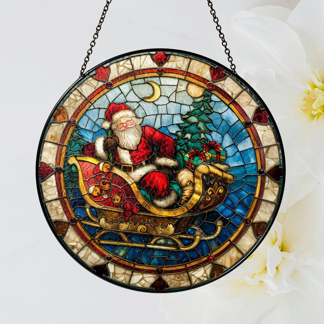 Santa Claus Stained Glass Suncatcher, Christmas Tree Ornament, Holiday ...