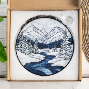 Winter Mountain Range Stained Glass Suncatcher, Hanging Decor Gift for ...