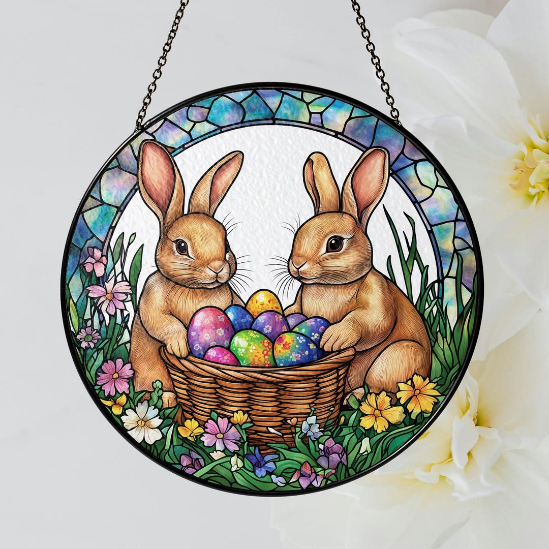 Stained Glass Easter Bunny Suncatcher, Two Bunnies With Decorated Eggs ...