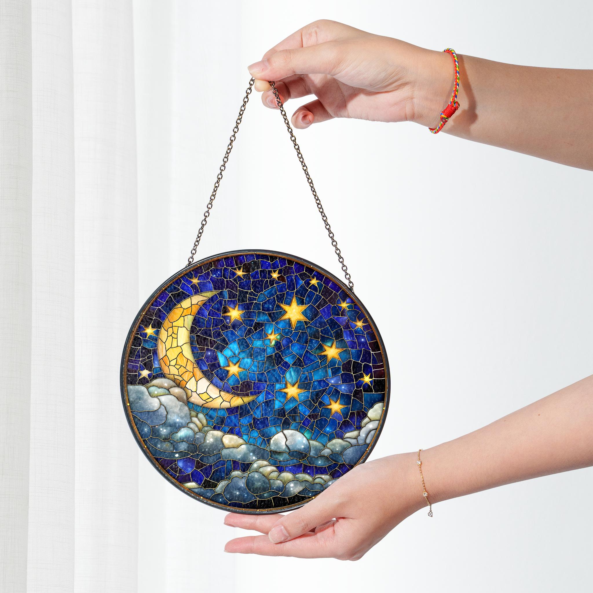 Celestial Moon and Star Stained Glass Suncatcher, Starry Night Window ...