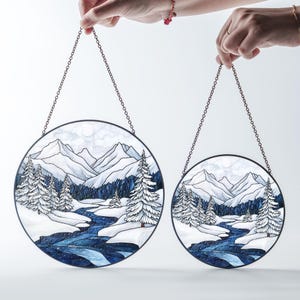 Winter Mountain Range Stained Glass Suncatcher, Hanging Decor Gift for ...